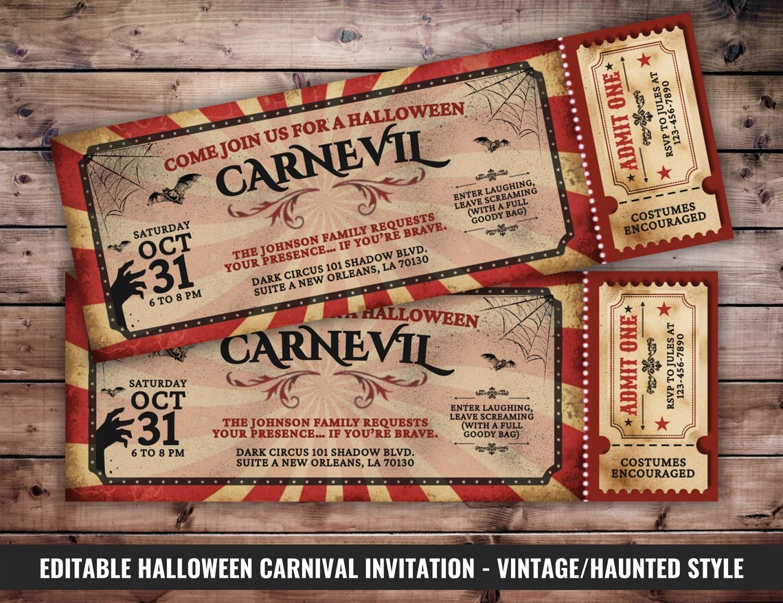 Halloween Carnival Ticket Invitation, Scary Carnevil Circus Invite ...