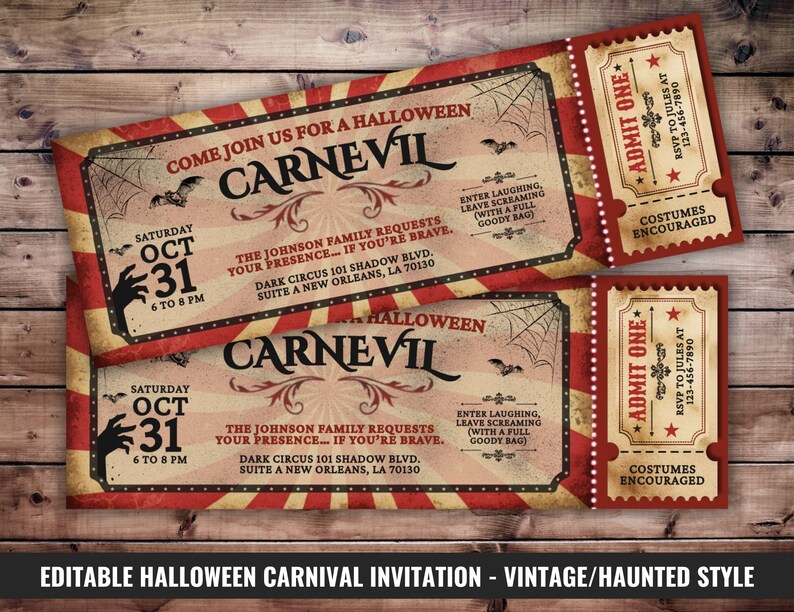Halloween Carnival Ticket Invitation, Scary Carnevil Circus Invite ...