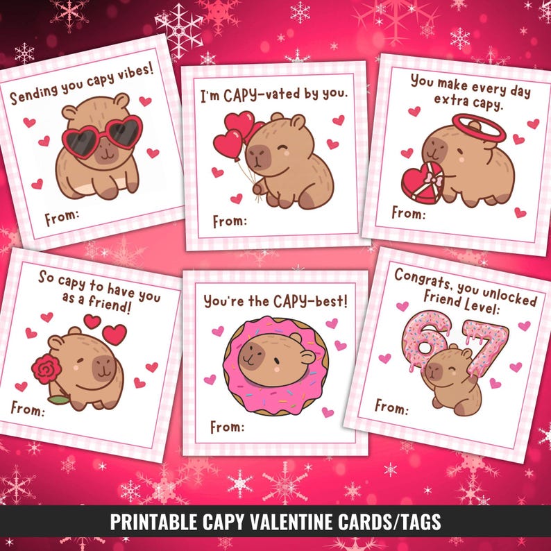 Capybara Valentine Cards, Pink Capy Gift Tags, Printable Kids ...