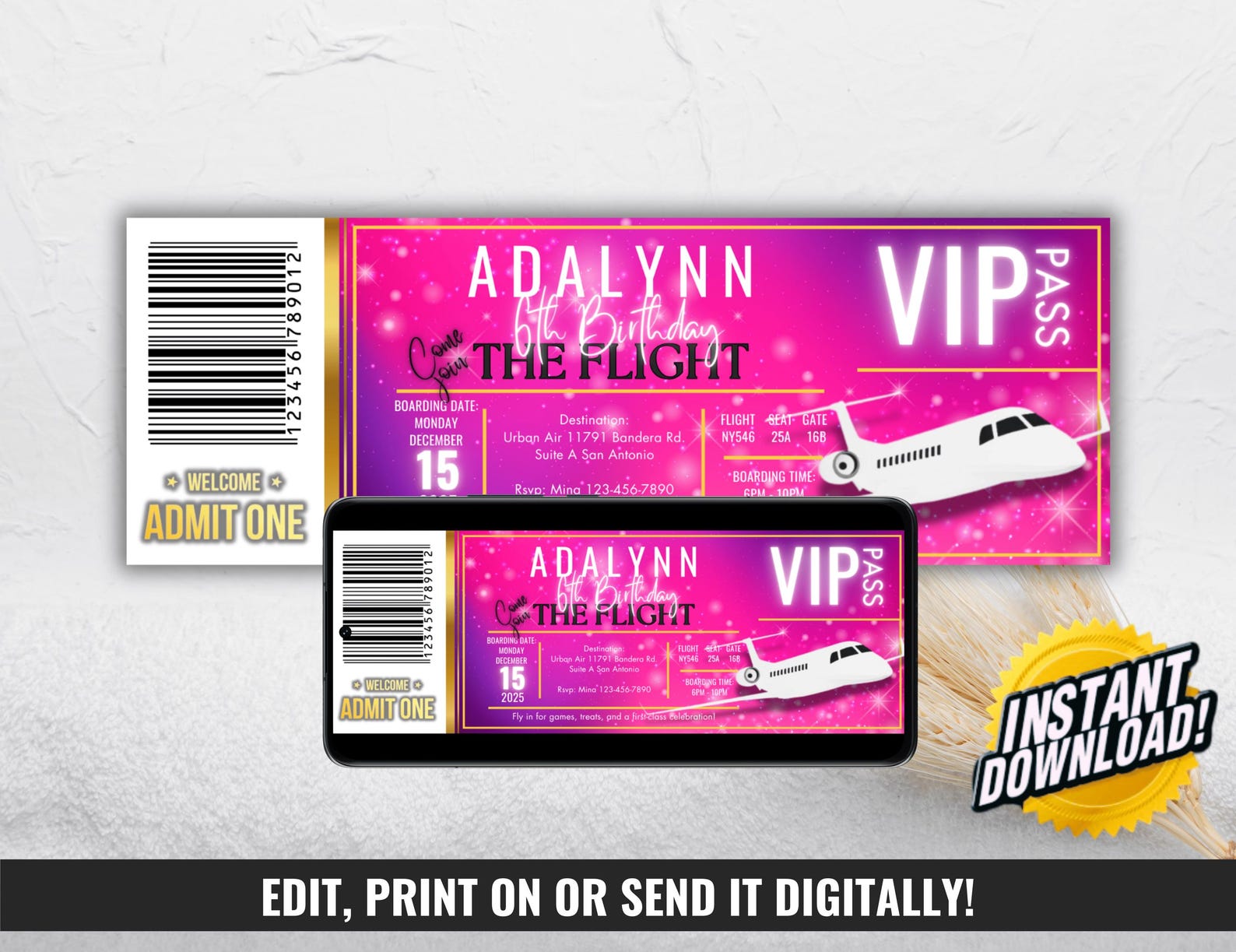 Plane Birthday VIP Ticket Invitation, Editable Pink Boarding Pass ...