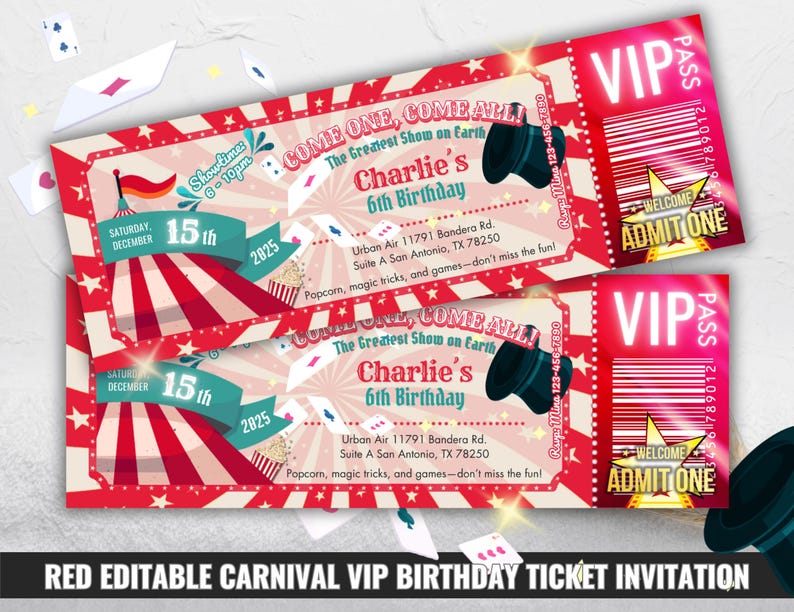 Carnival VIP Ticket Birthday Invitation, Editable Red Circus Party ...