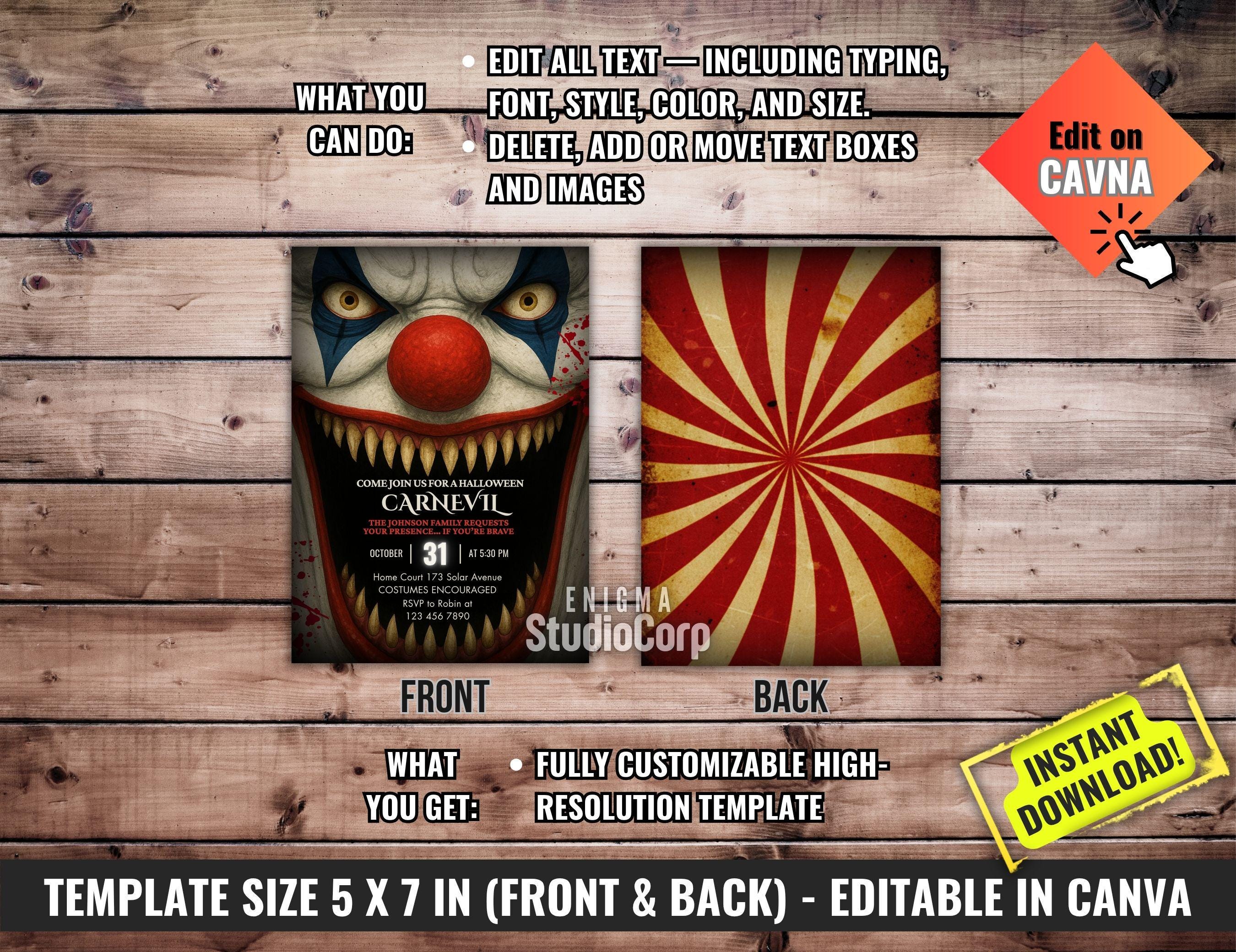 Editable Clown Horror Invitation, Scary Bloody Halloween Carnival Fair ...
