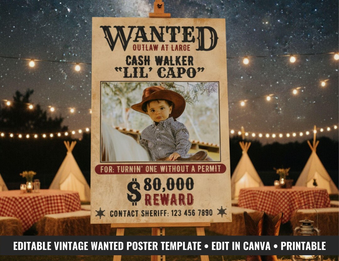 Wanted Poster Sign, Cowboy Birthday Reward Poster, Printable Vintage ...