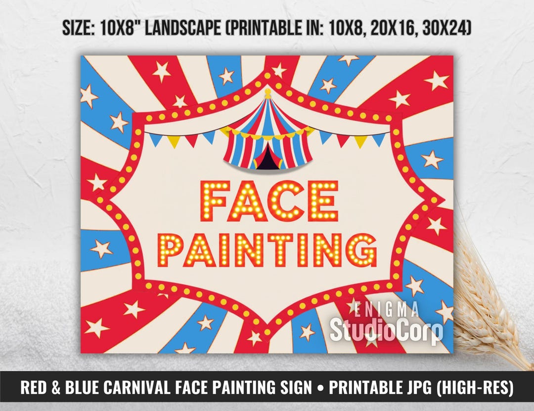 Carnival Face Painting Sign, Red Blue Circus Birthday Decor, Printable ...