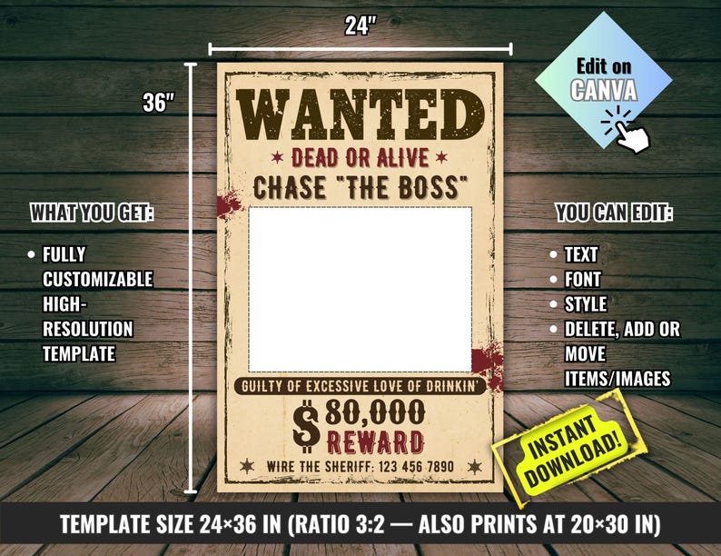 Editable Wanted Poster Photo Booth Frame, Wild West Party Decor, Cowboy ...