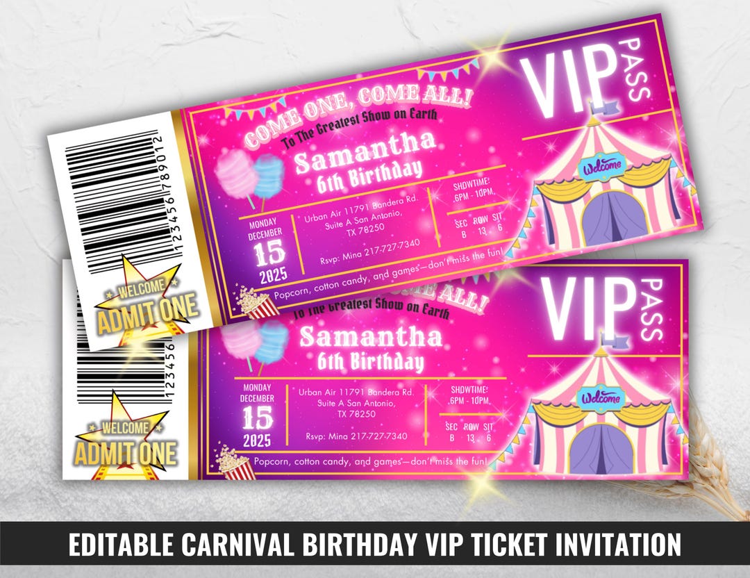 Carnival VIP Ticket Birthday Invitation, Circus Party Invite for Girls ...