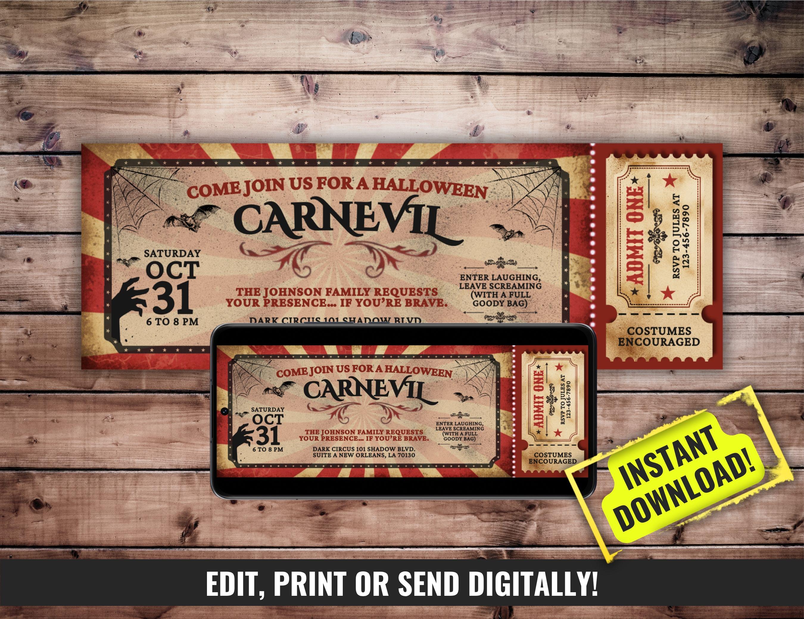Halloween Carnival Ticket Invitation, Scary Carnevil Circus Invite ...