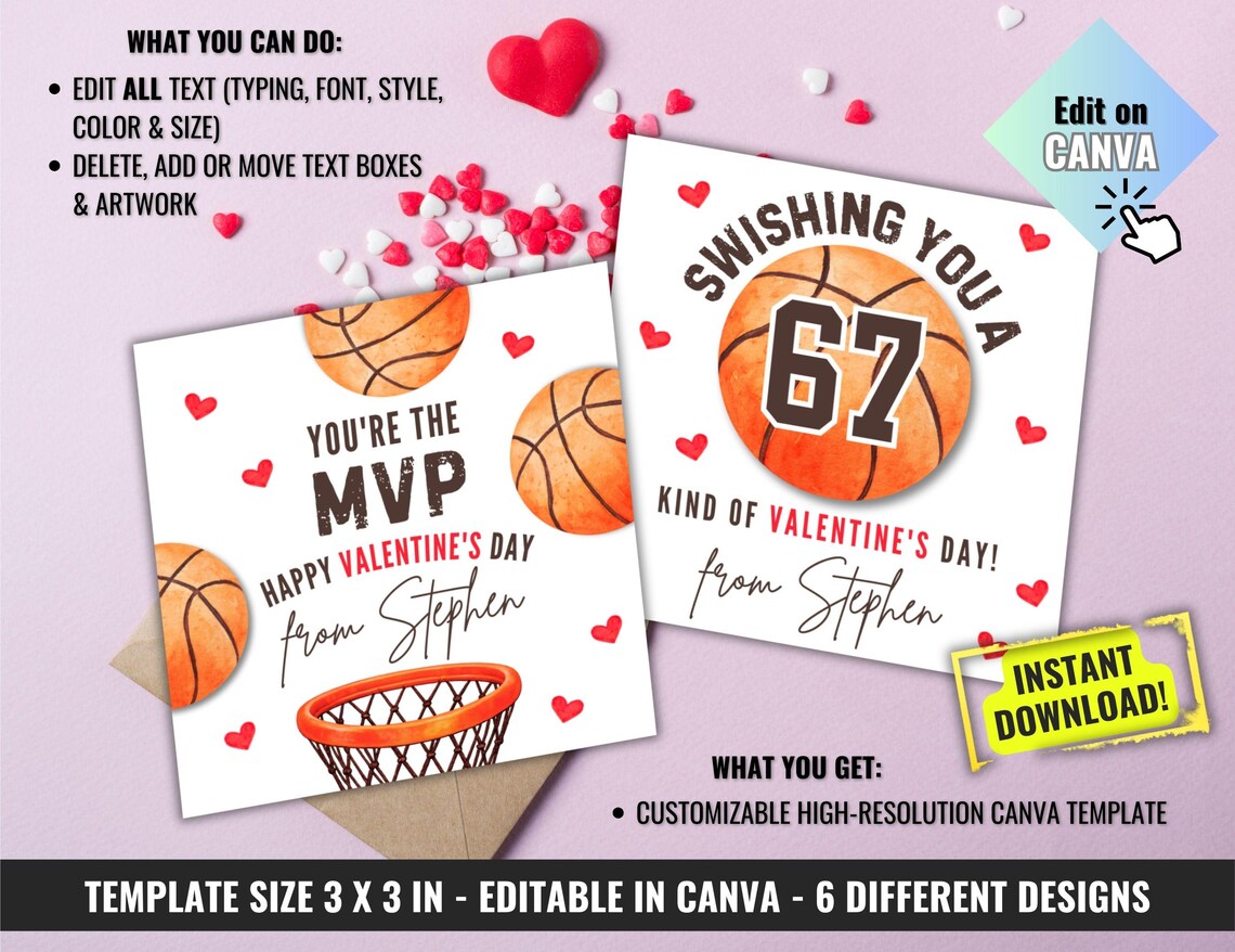 Basketball Valentine Cards, Printable Kids Valentine’s Day Gift Tags ...