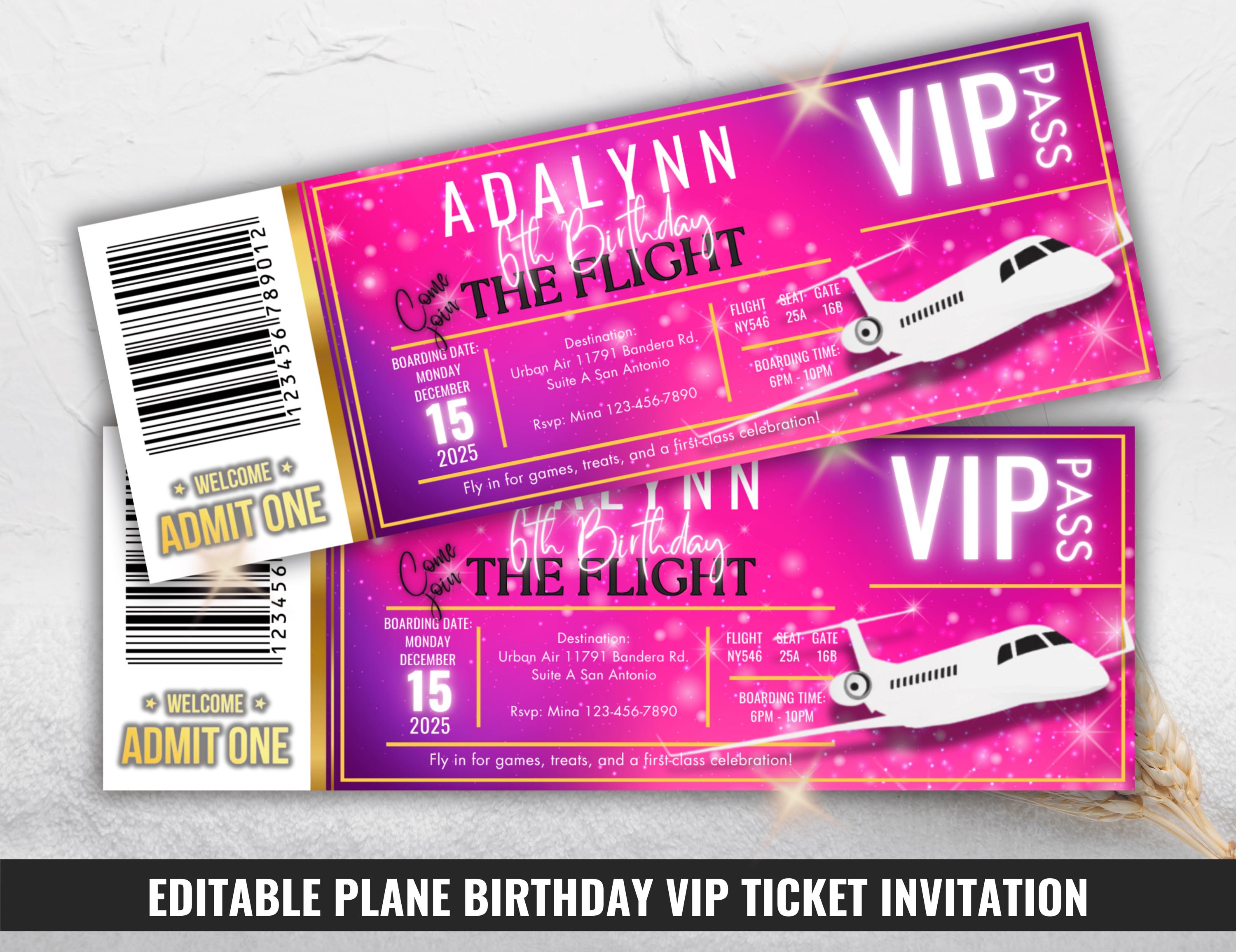 Plane Birthday VIP Ticket Invitation, Editable Pink Boarding Pass ...
