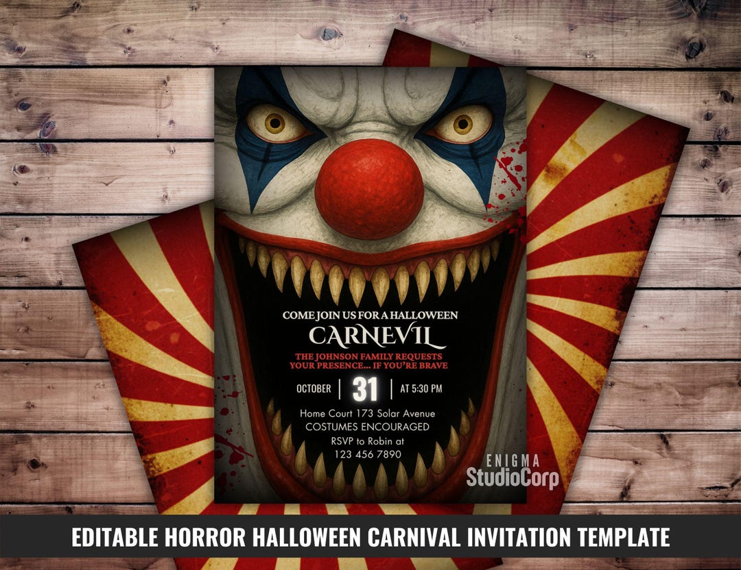 Editable Clown Horror Invitation, Scary Bloody Halloween Carnival Fair ...