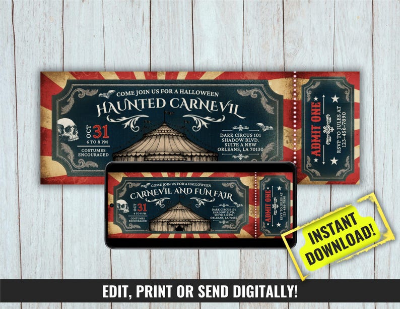 Halloween Carnival Ticket Invitation, Scary Carnevil Chalkboard Circus ...