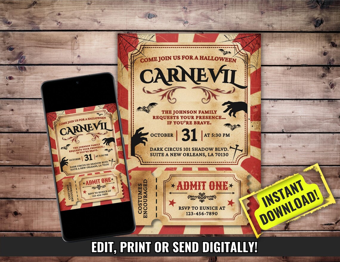 Editable Vintage Halloween Carnival Invitation, Scary Carnevil Circus ...