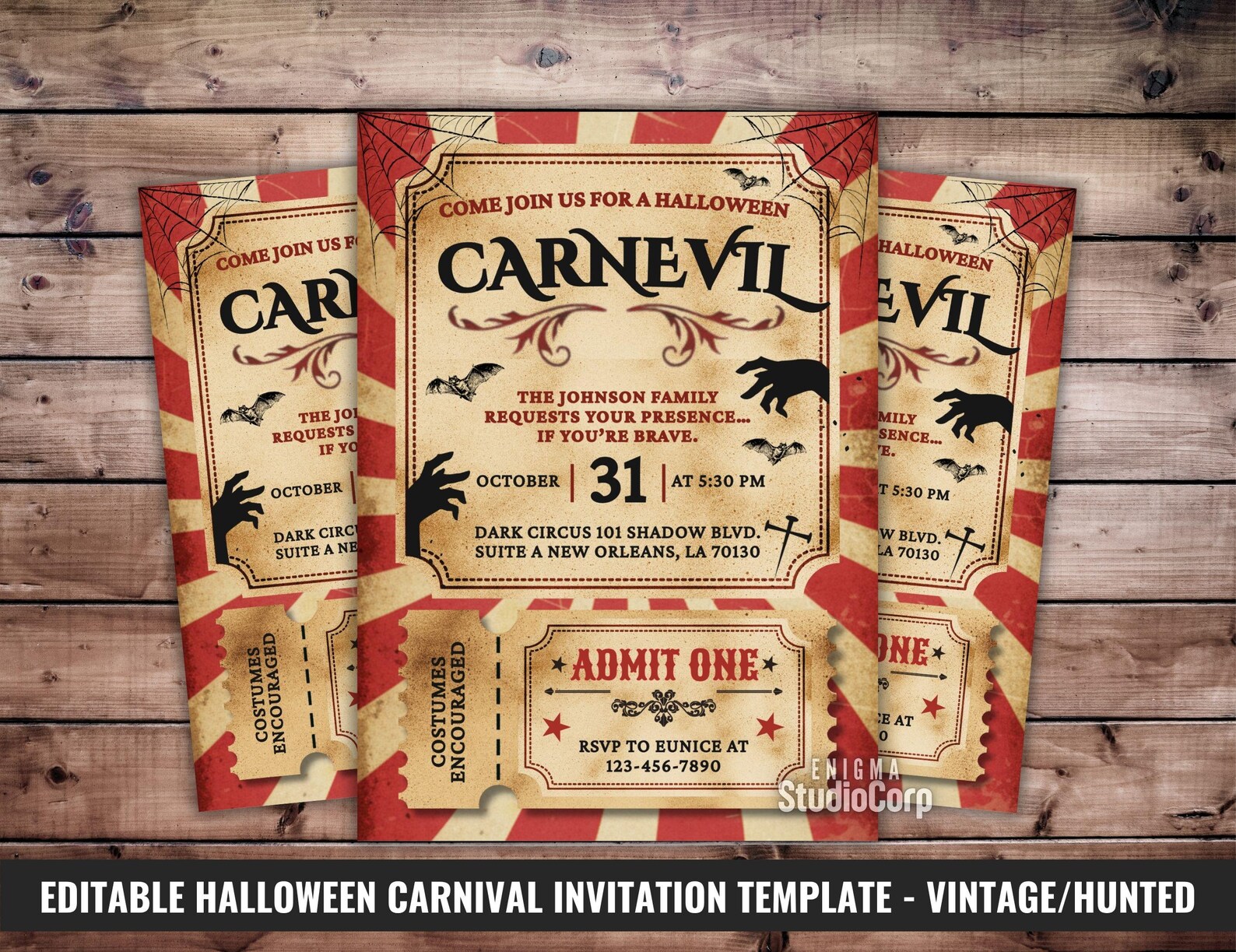 Editable Vintage Halloween Carnival Invitation, Scary Carnevil Circus ...