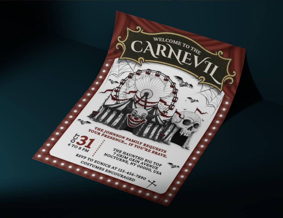 Editable Halloween Carnival Invitation, Scary Carnevil Circus Invite ...