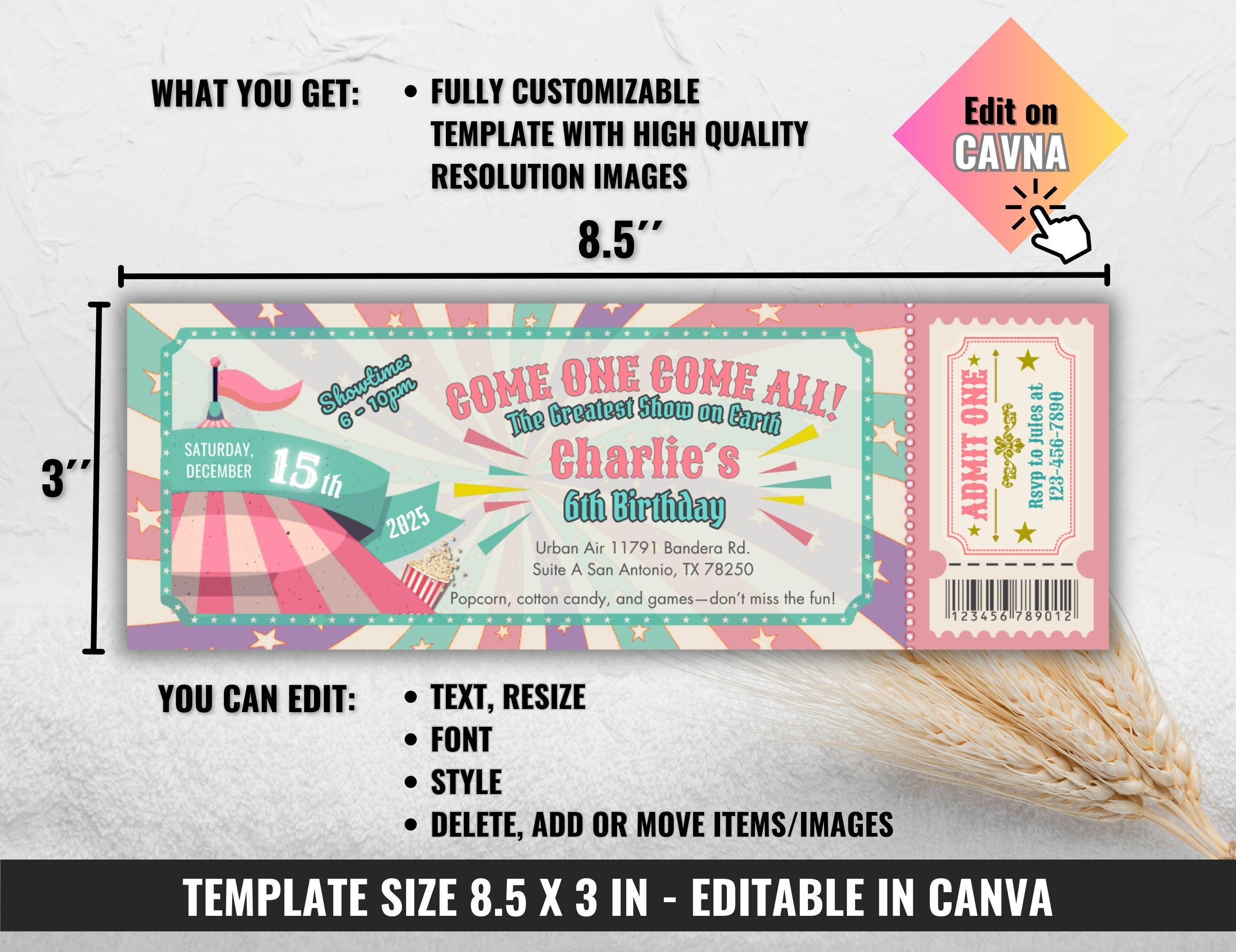 Carnival Ticket Birthday Invitation for Girls, Pastel Pink Circus Party ...