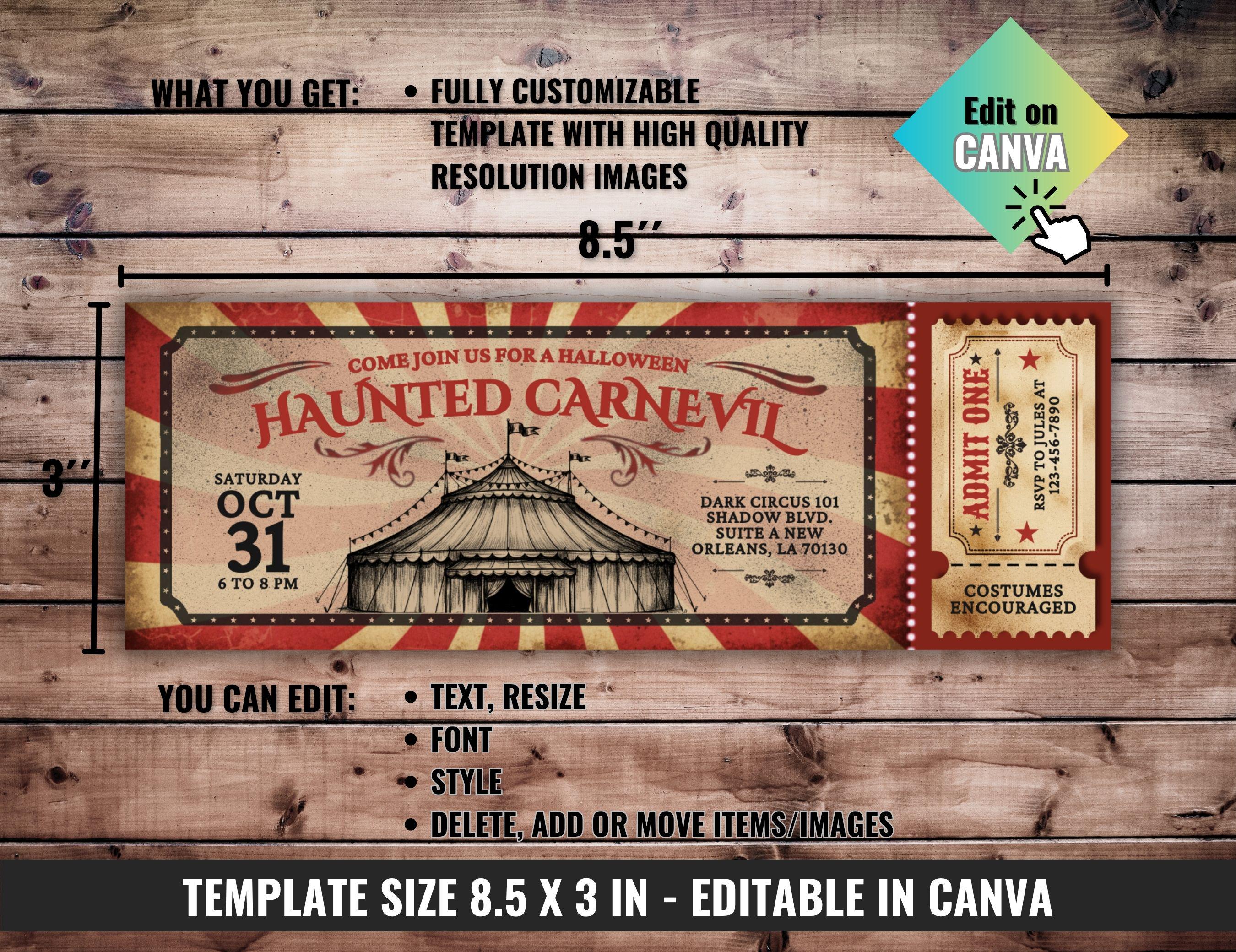 Halloween Carnival Ticket Invitation, Scary Carnevil Circus Invite ...