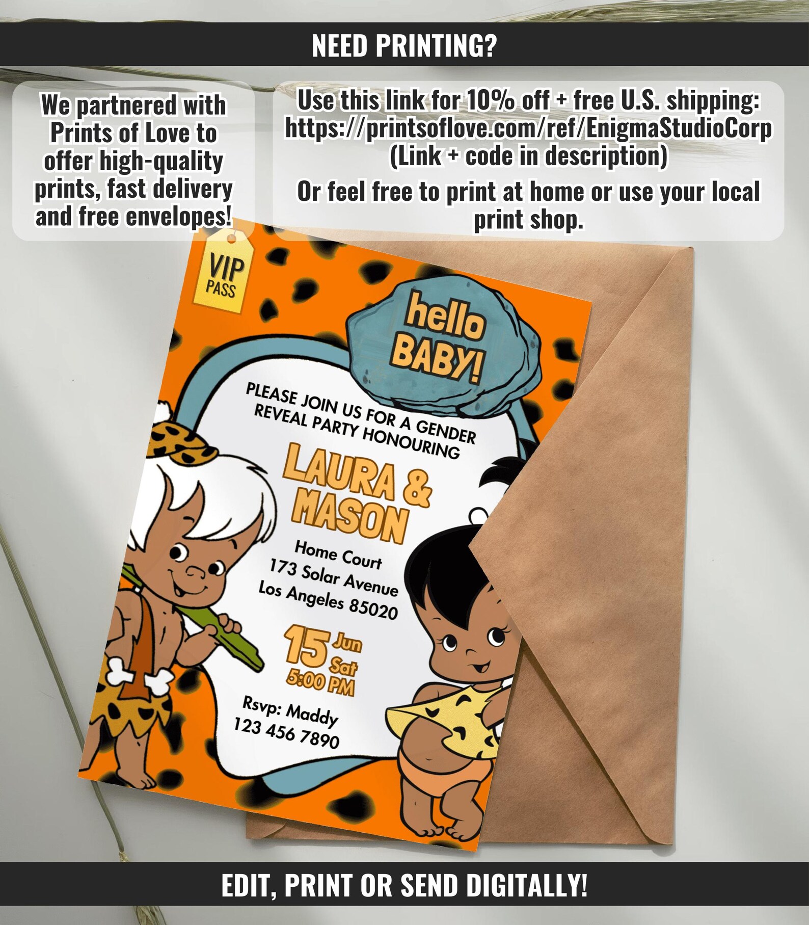 Afro Gender Reveal Invitation, Orange Stone Age VIP Pass, African ...