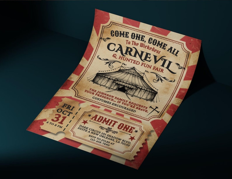 Editable Vintage Halloween Carnival Invitation, Scary Carnevil Circus ...