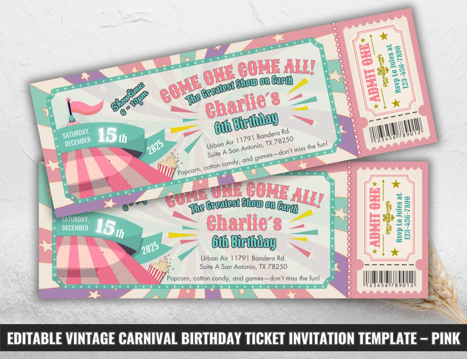Carnival Ticket Birthday Invitation for Girls, Pastel Pink Circus Party ...