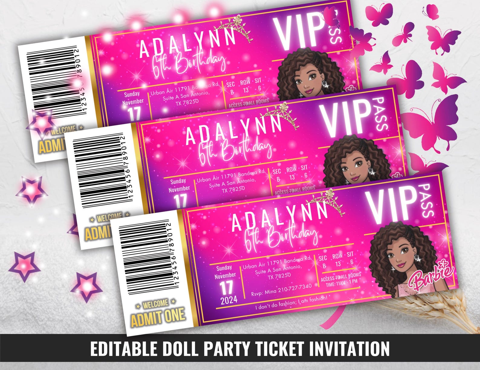 Editable Afro Barbi Birthday VIP Ticket Invitation, Pink Glam Party ...