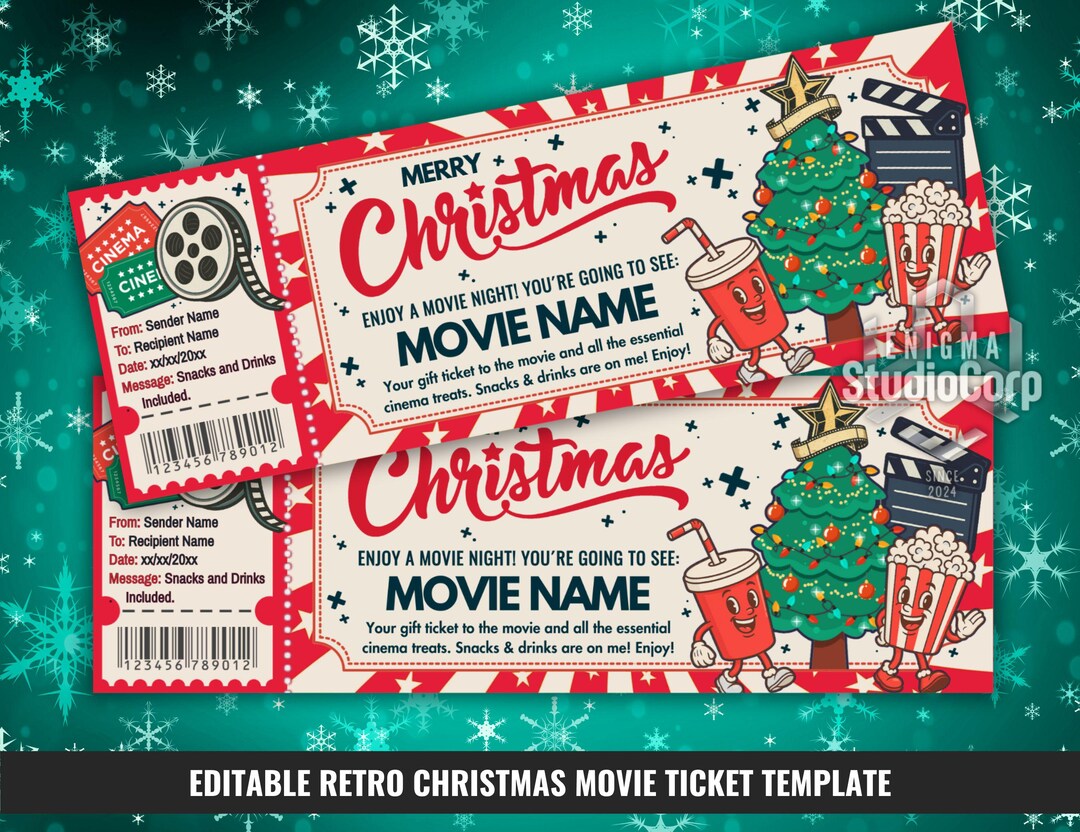 Retro Christmas Movie Ticket, Groovy Movie Night Gift Voucher ...