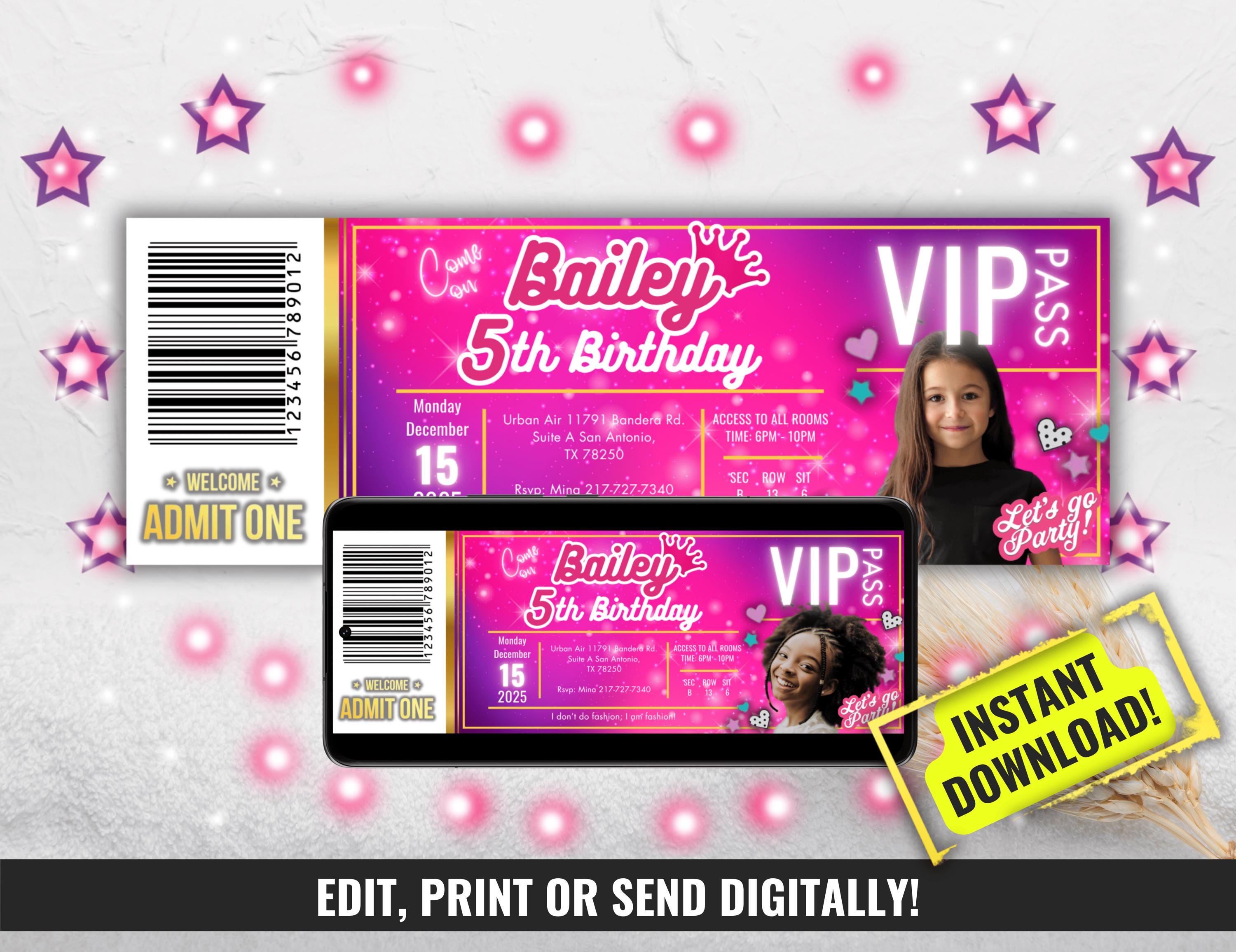 Fashion Doll Girl Birthday Photo VIP Ticket Invitation, Glitter ...