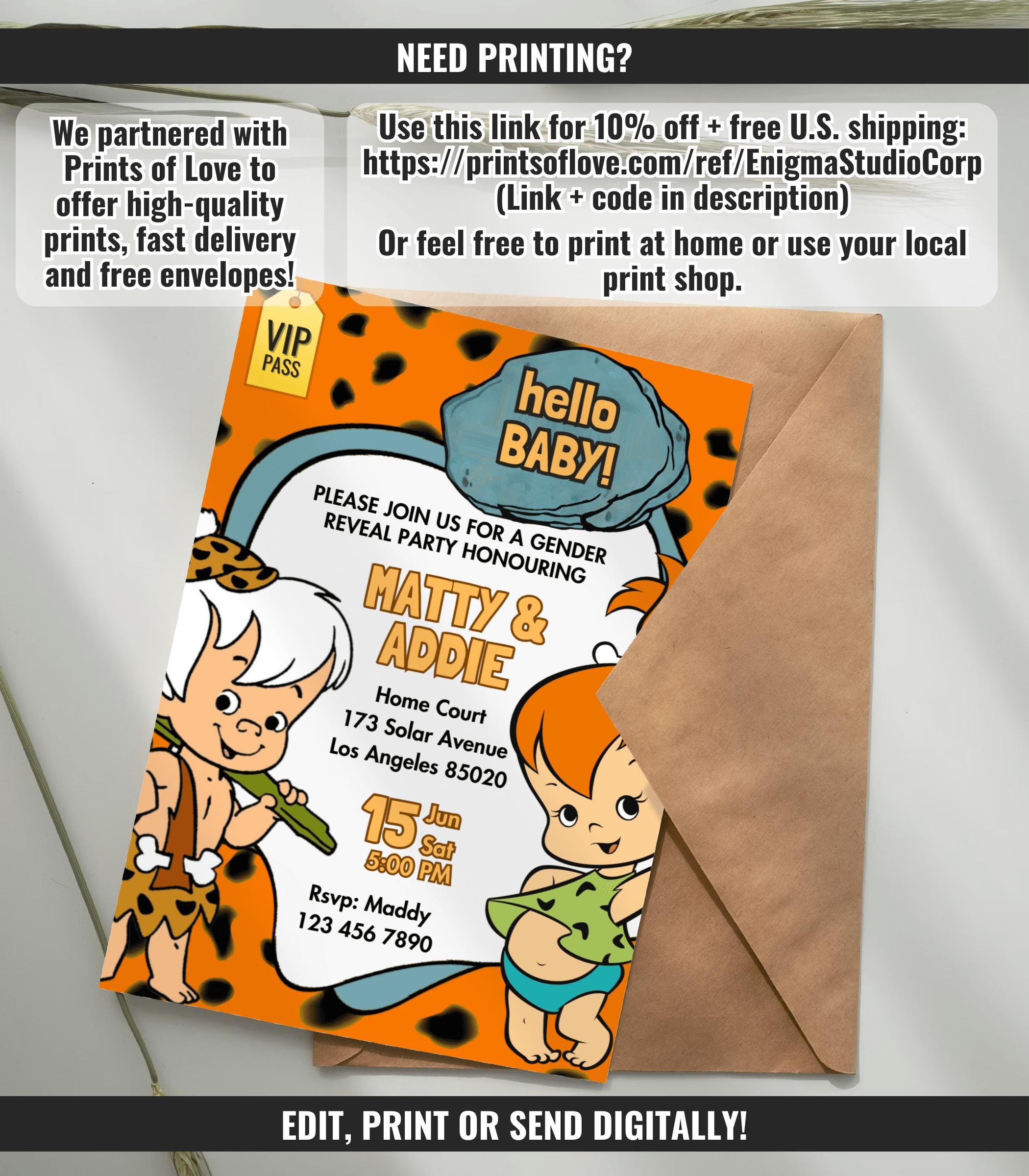 Editable Baby Gender Reveal Invitation, Pebbles and Bam Bam Party ...