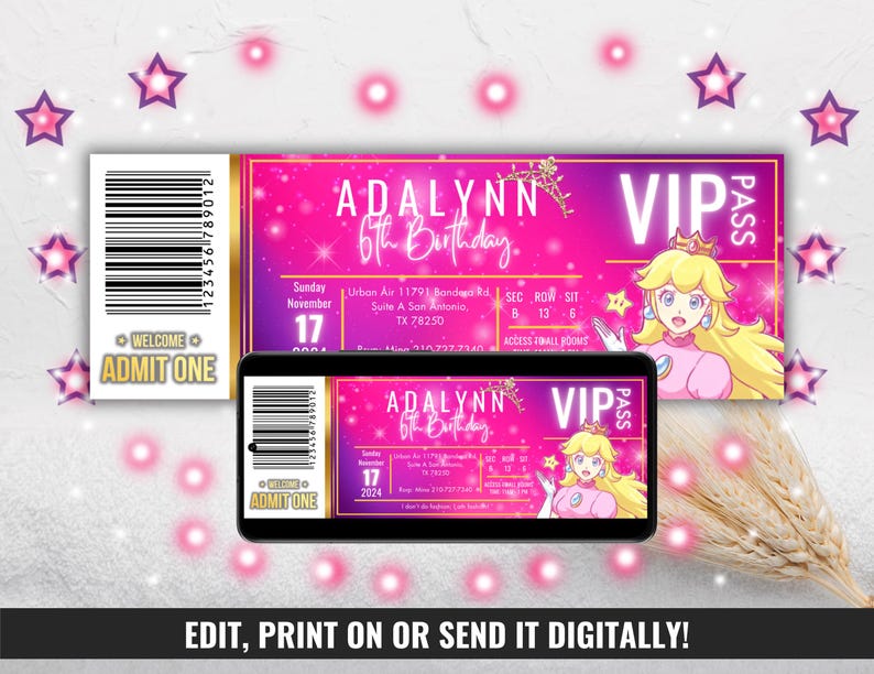 Editable Princess Peach Birthday VIP Ticket Invitation, Super Mario ...