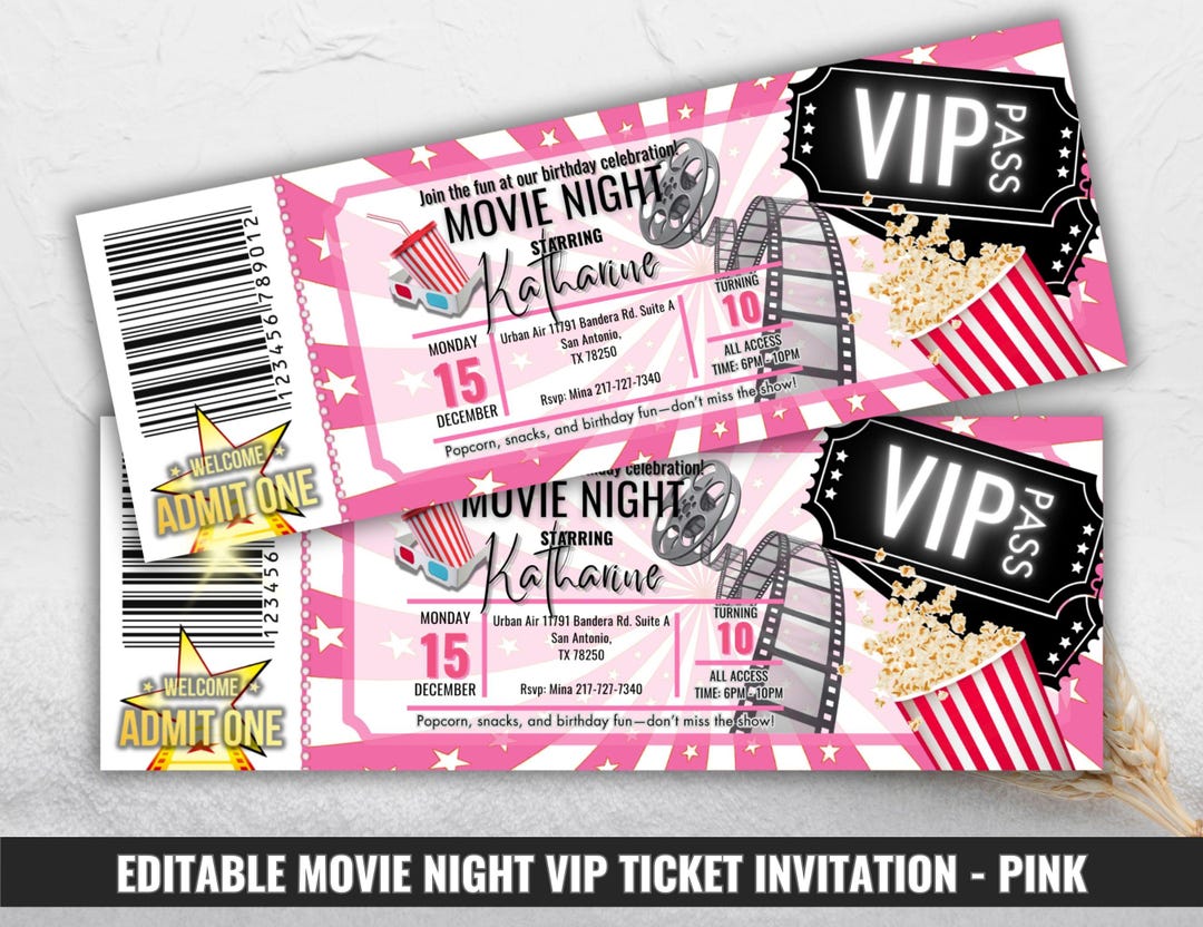 Movie Night VIP Ticket Invitation for Girls, Cinema Birthday Party ...