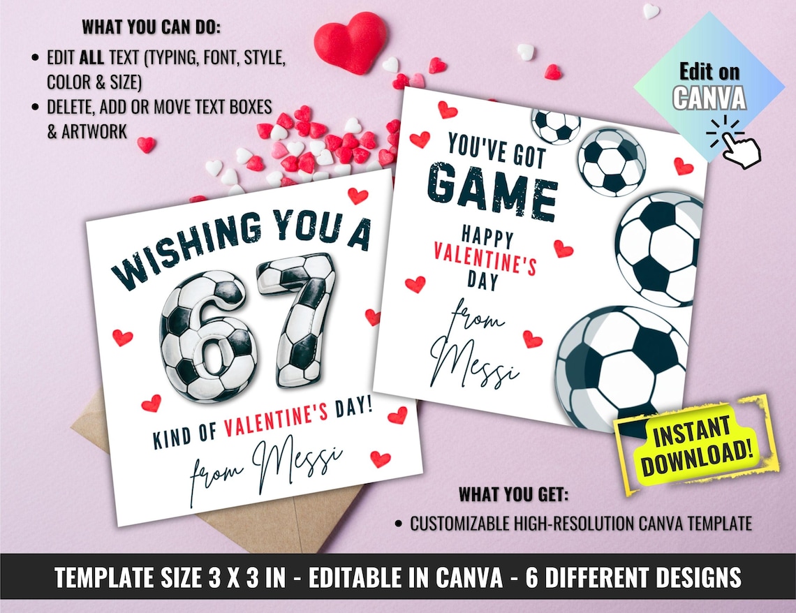 Soccer Valentine Cards, Printable Kids Valentine’s Day Gift Tags Bundle ...