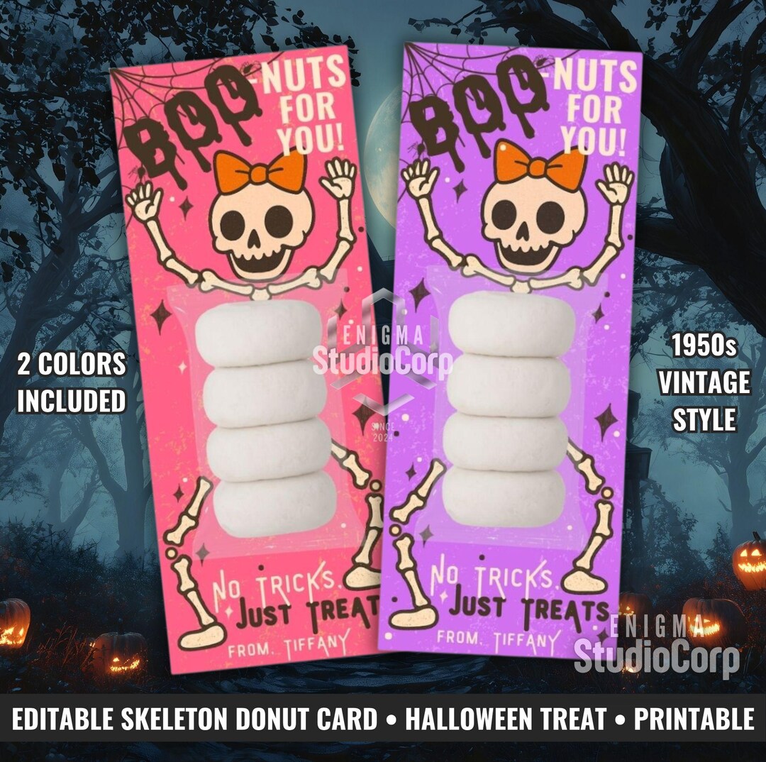 Donut Skeleton Treat Printable, Editable Halloween, 1950s Vintage Style ...