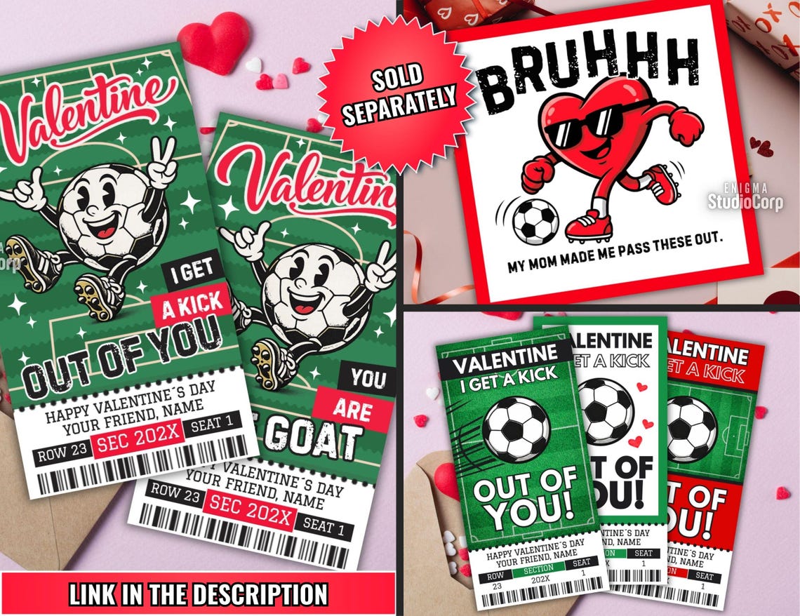 Soccer Valentine Cards, Printable Kids Valentine’s Day Gift Tags Bundle ...