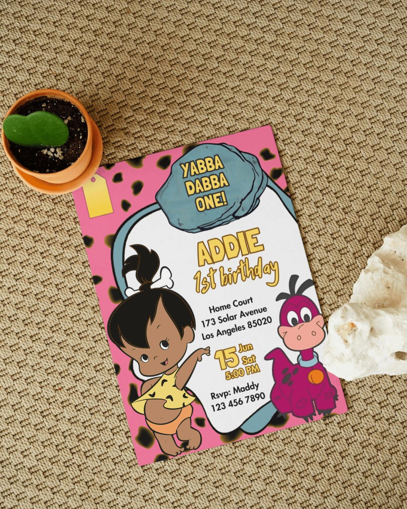 Afro Baby Girl & Dino Birthday Invitation, Pink Stone Age Themed VIP ...