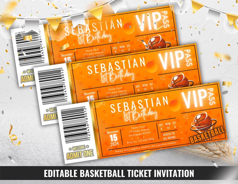 Basketball Invitation Ticket, Basketball Birthday VIP Ticket, Editable ...