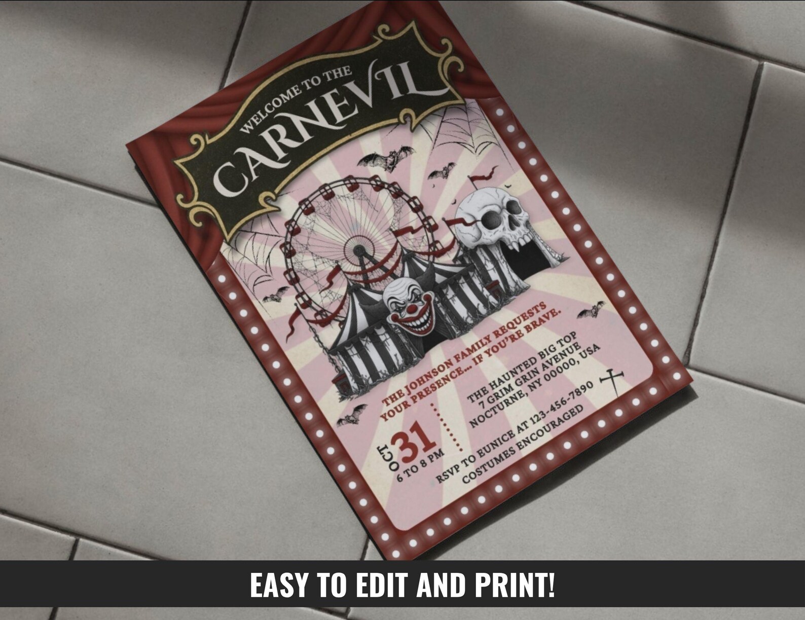 Editable Halloween Carnival Invitation, Scary Carnevil Circus Invite ...