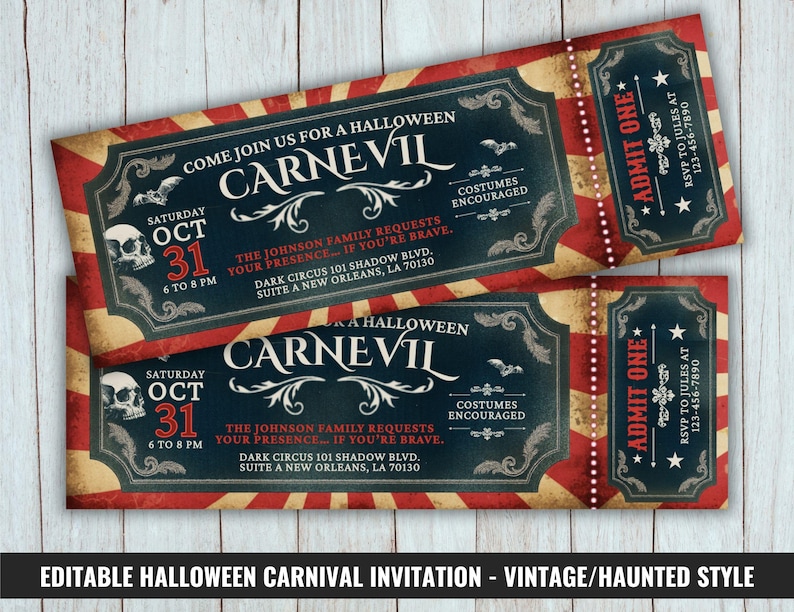 Halloween Carnival Ticket Invitation, Scary Carnevil Chalkboard Circus ...