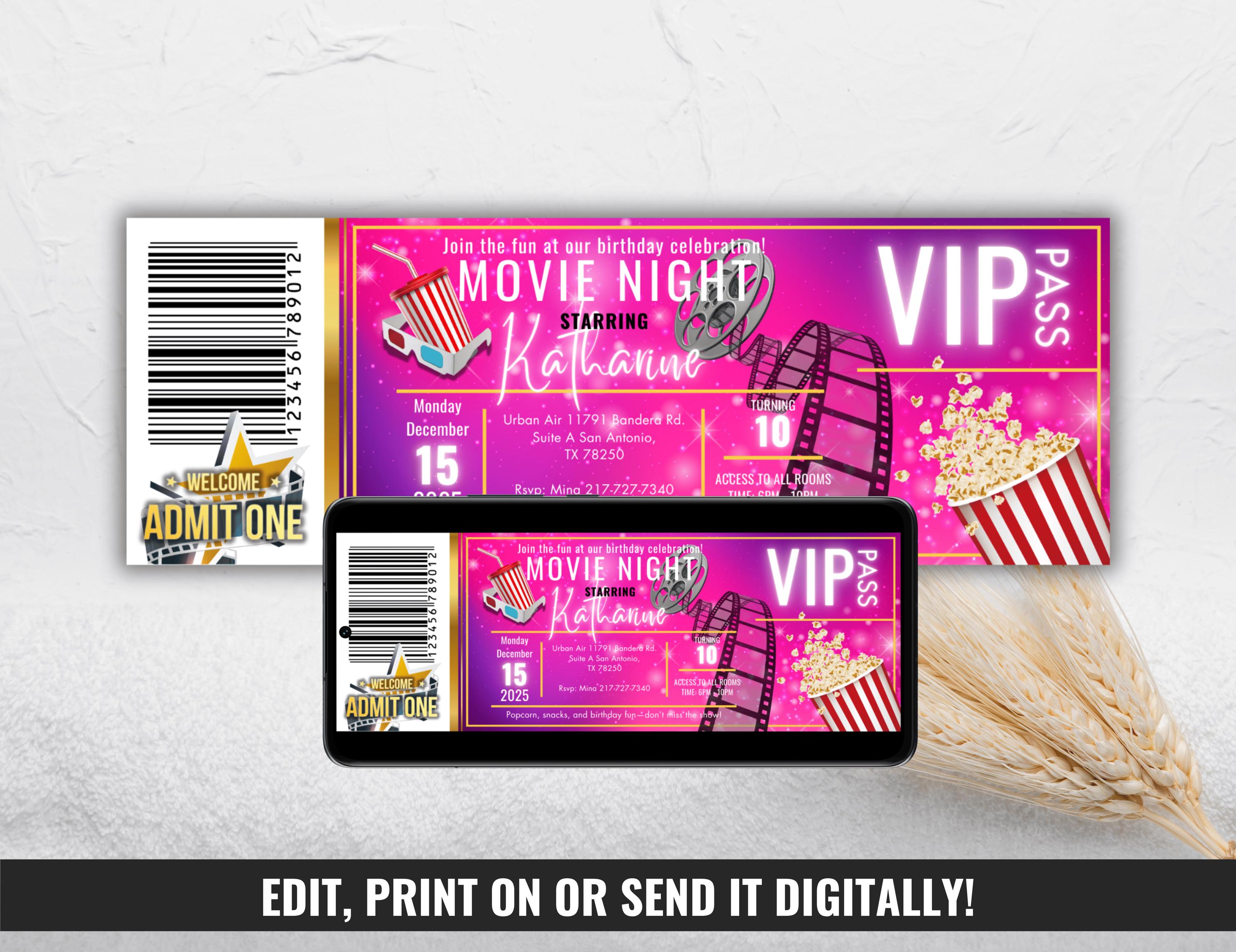 Movie Night VIP Ticket Invitation, Cinema Birthday Party Invite, Hot ...