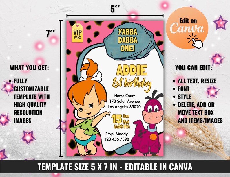 Editable Yabba Dabba One Birthday Invitation, Pink Stone Age Themed VIP ...