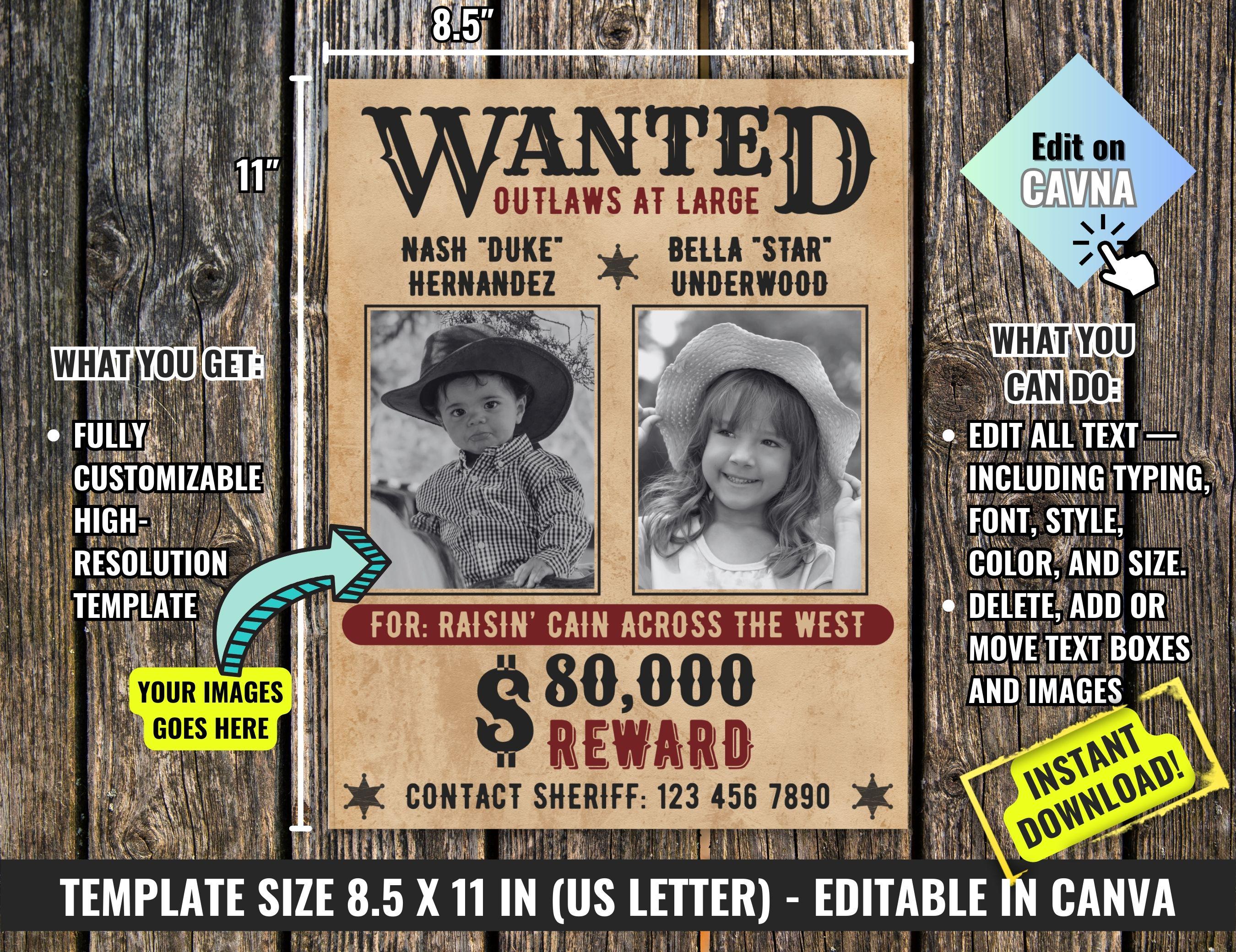 Editable Wanted Poster Template for Couples, Printable Vintage Wild ...