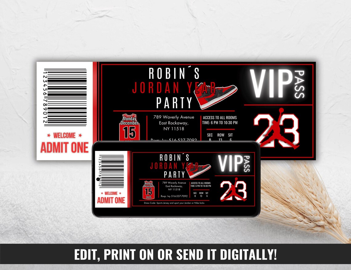 Jordan Year Basketball Game VIP Ticket Invitation, Jordan Birthday ...