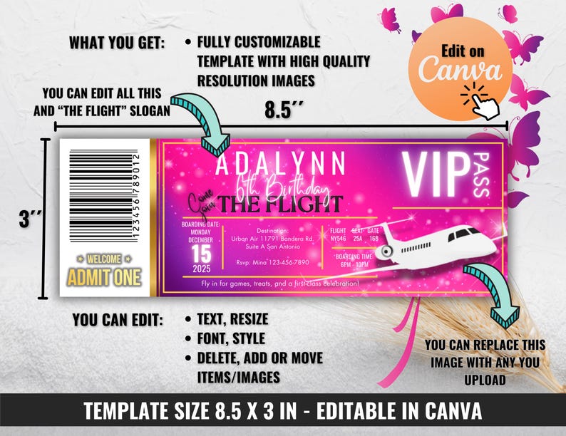 Plane Birthday VIP Ticket Invitation, Editable Pink Boarding Pass ...