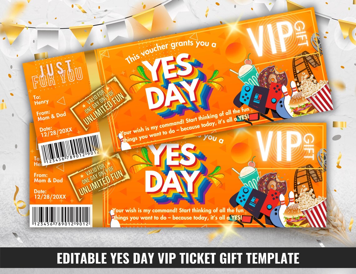 Yes Day VIP Ticket, Unisex Yes Day Coupon, Yes Day Birthday Gift ...