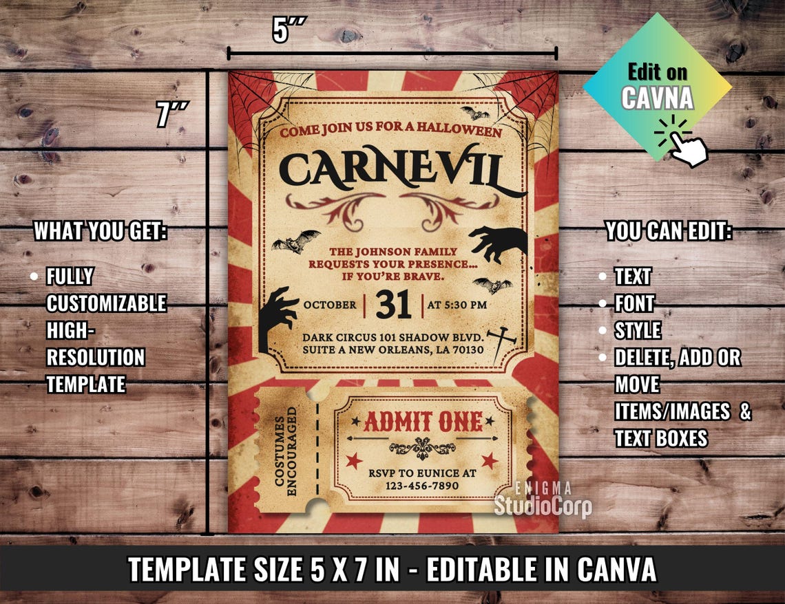 Editable Vintage Halloween Carnival Invitation, Scary Carnevil Circus ...