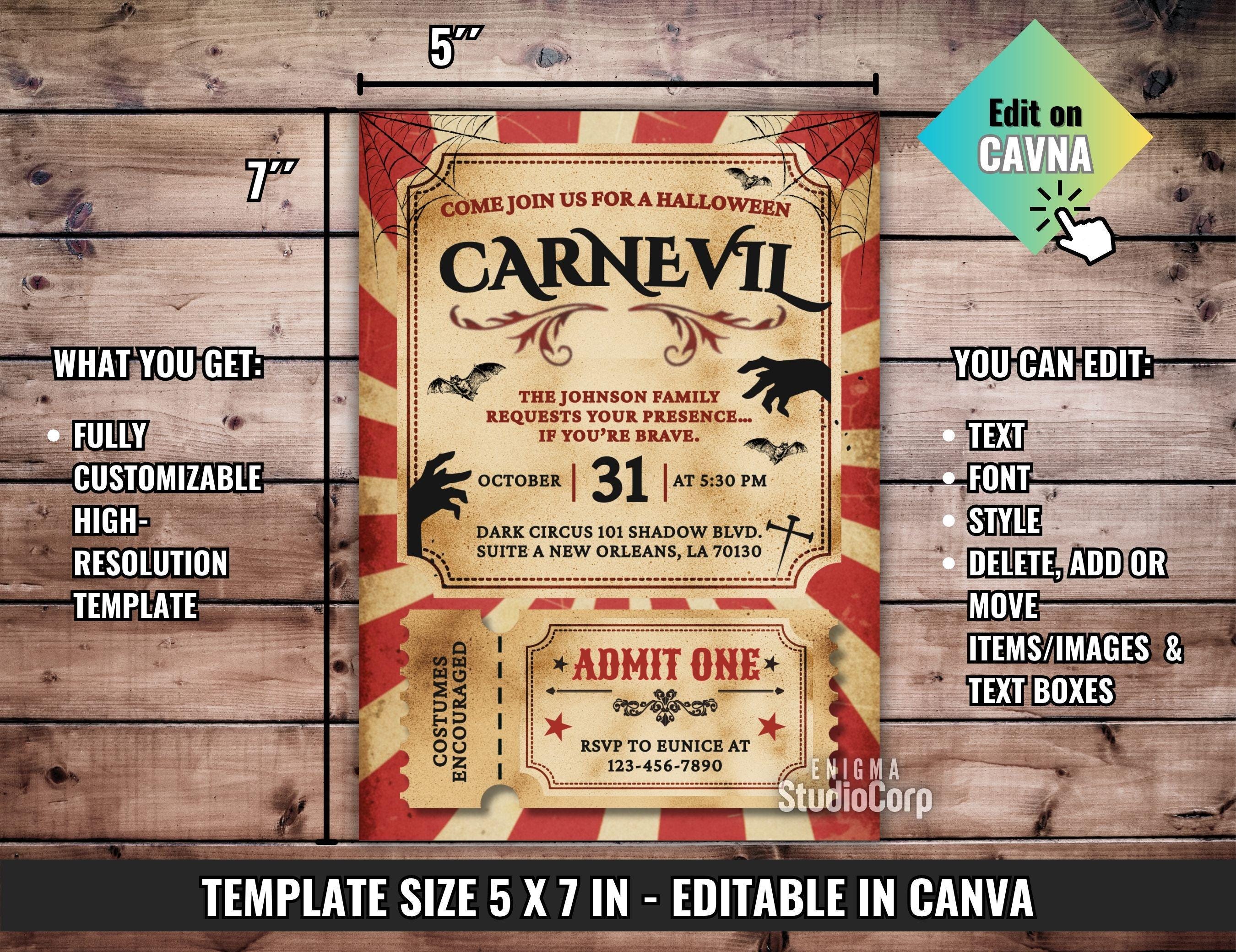 Editable Vintage Halloween Carnival Invitation, Scary Carnevil Circus ...