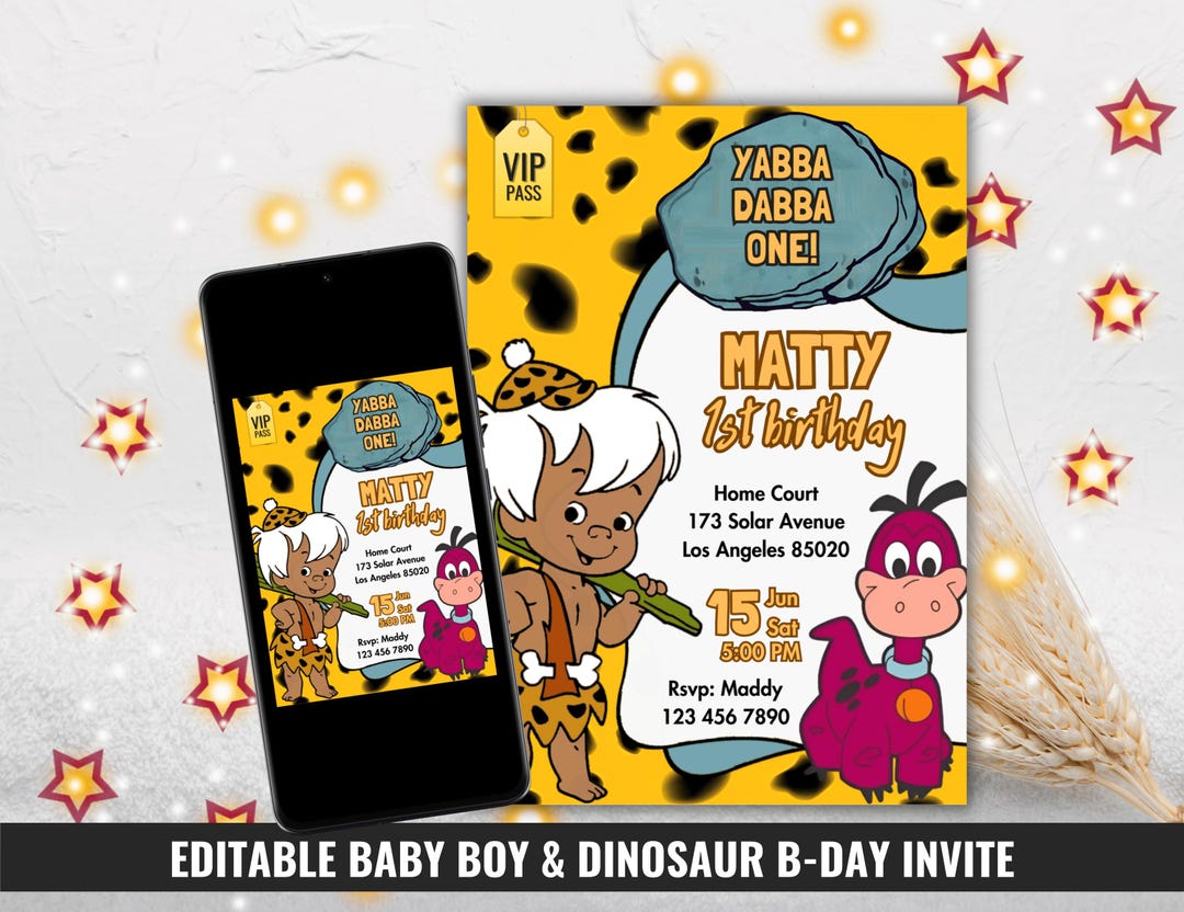 Afro Baby Boy & Dino Birthday Invitation, Yellow Stone Age Themed VIP ...