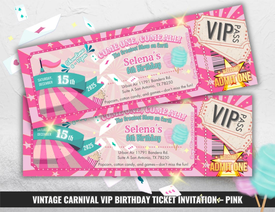 Carnival Birthday VIP Ticket Invitation, Circus Party Invite for Girls ...