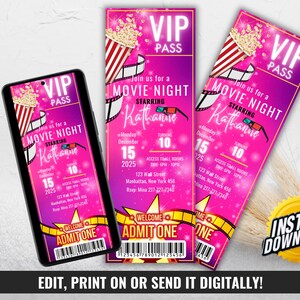 Movie Night VIP Ticket Invitation, Cinema Birthday Party Invite, Girls ...