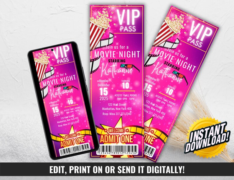 Movie Night VIP Ticket Invitation, Cinema Birthday Party Invite, Girls ...