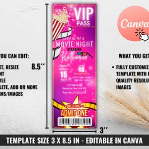 Movie Night VIP Ticket Invitation, Cinema Birthday Party Invite, Girls ...