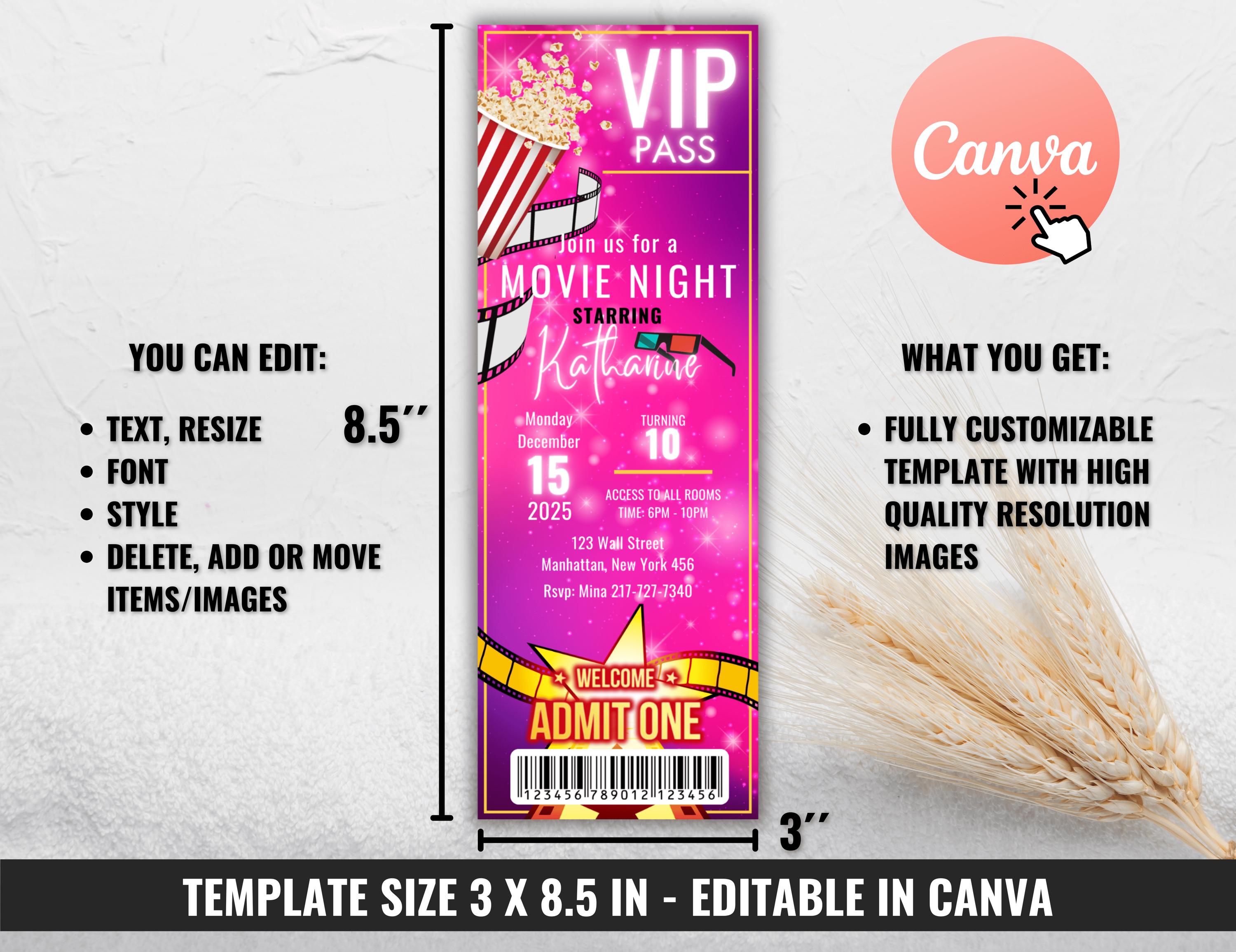 Movie Night VIP Ticket Invitation, Cinema Birthday Party Invite, Girls ...